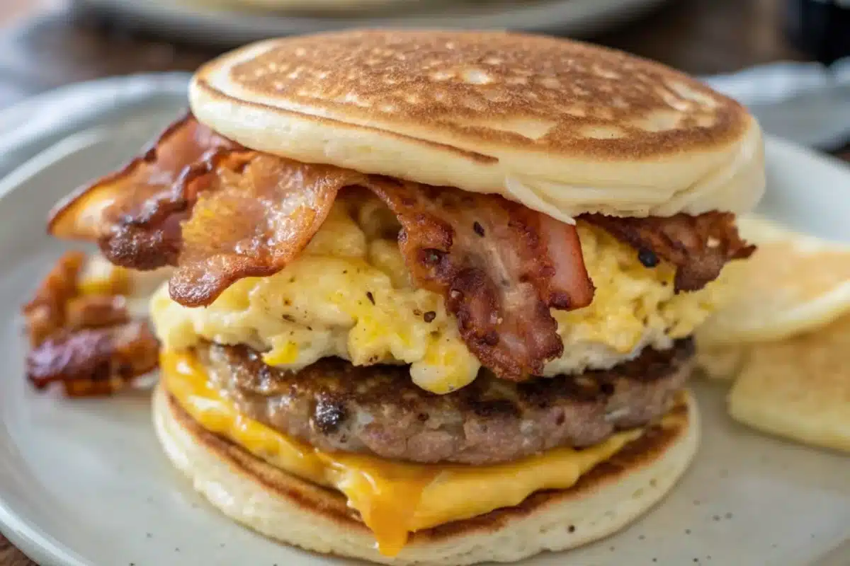 Homemade Pancake Breakfast Sandwich Loaded with Bacon, Eggs & Sausage
