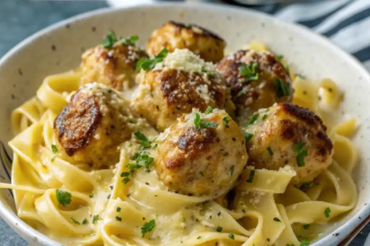 Juicy Garlic Butter Chicken Meatballs in Creamy Parmesan Pasta